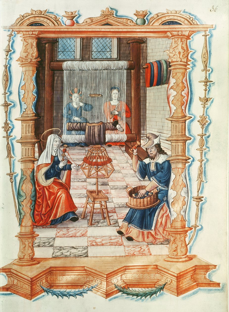 The Virgin Mary weaving in a workshop, from Chants royaux sur la ...