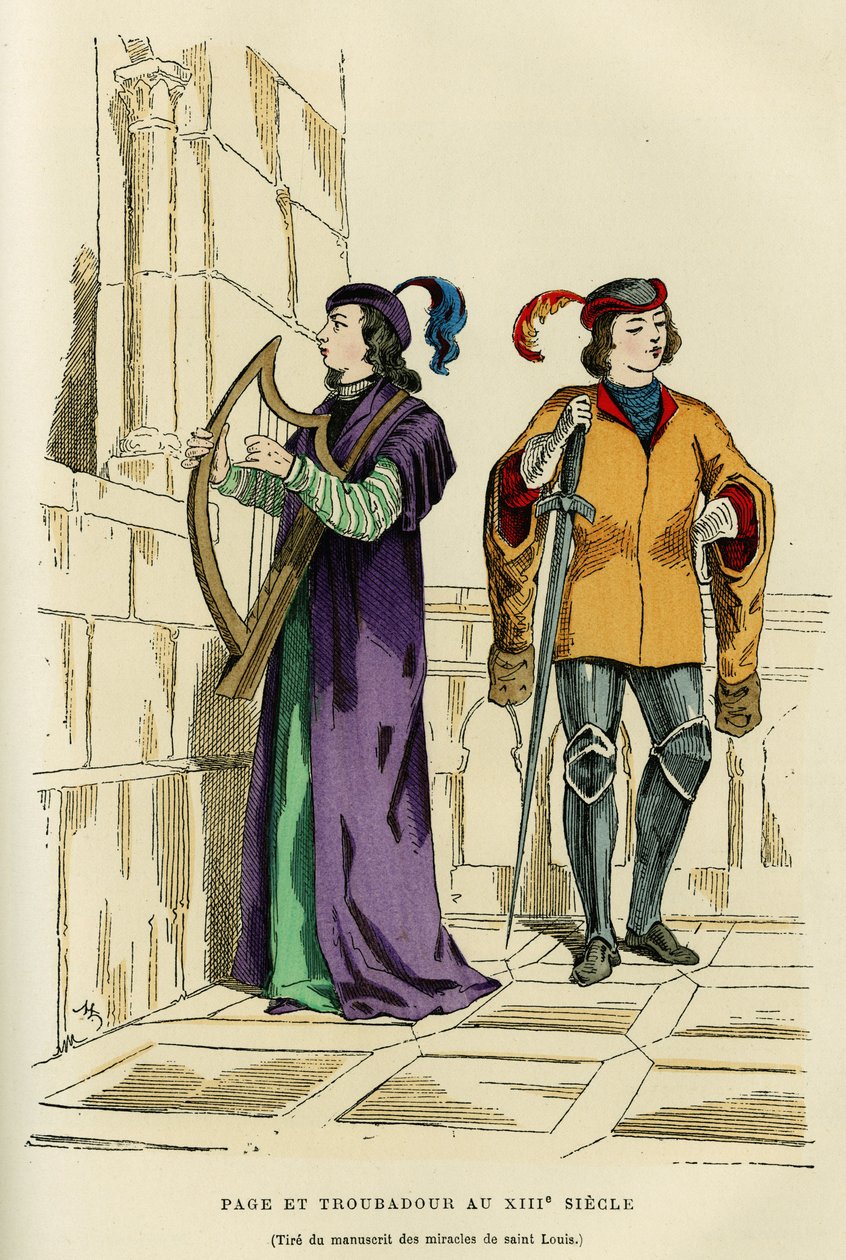 Page costumes and troubadour in the 13th century. Colour engraving ...