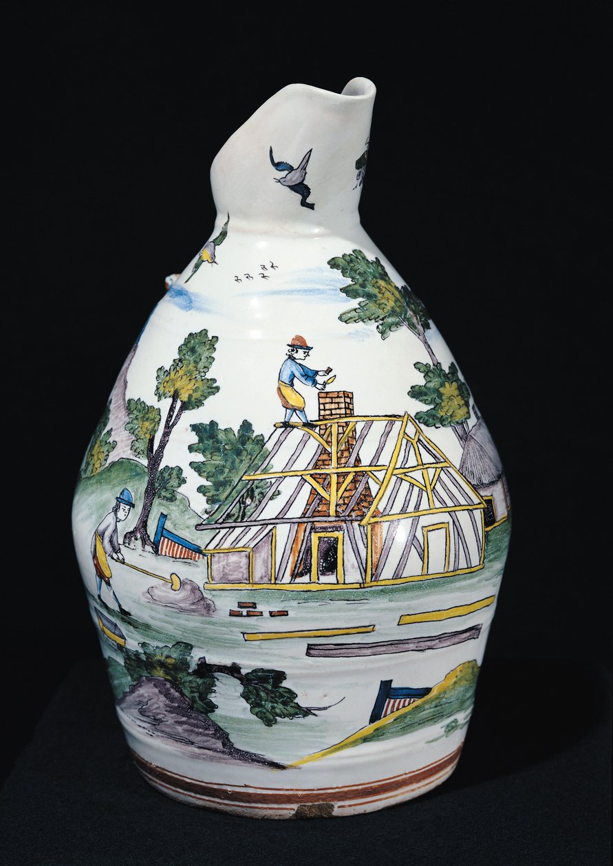 Pitcher depicting the construction of a building, Sinceny, c.1740-50