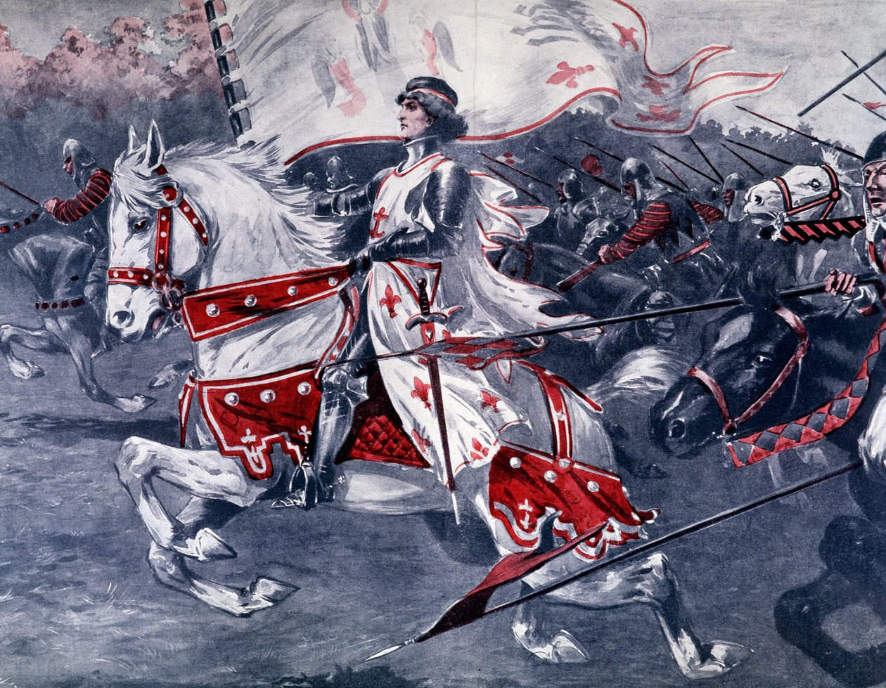 Portrait of Joan of Arc on horseback with royal flag, late 19th France