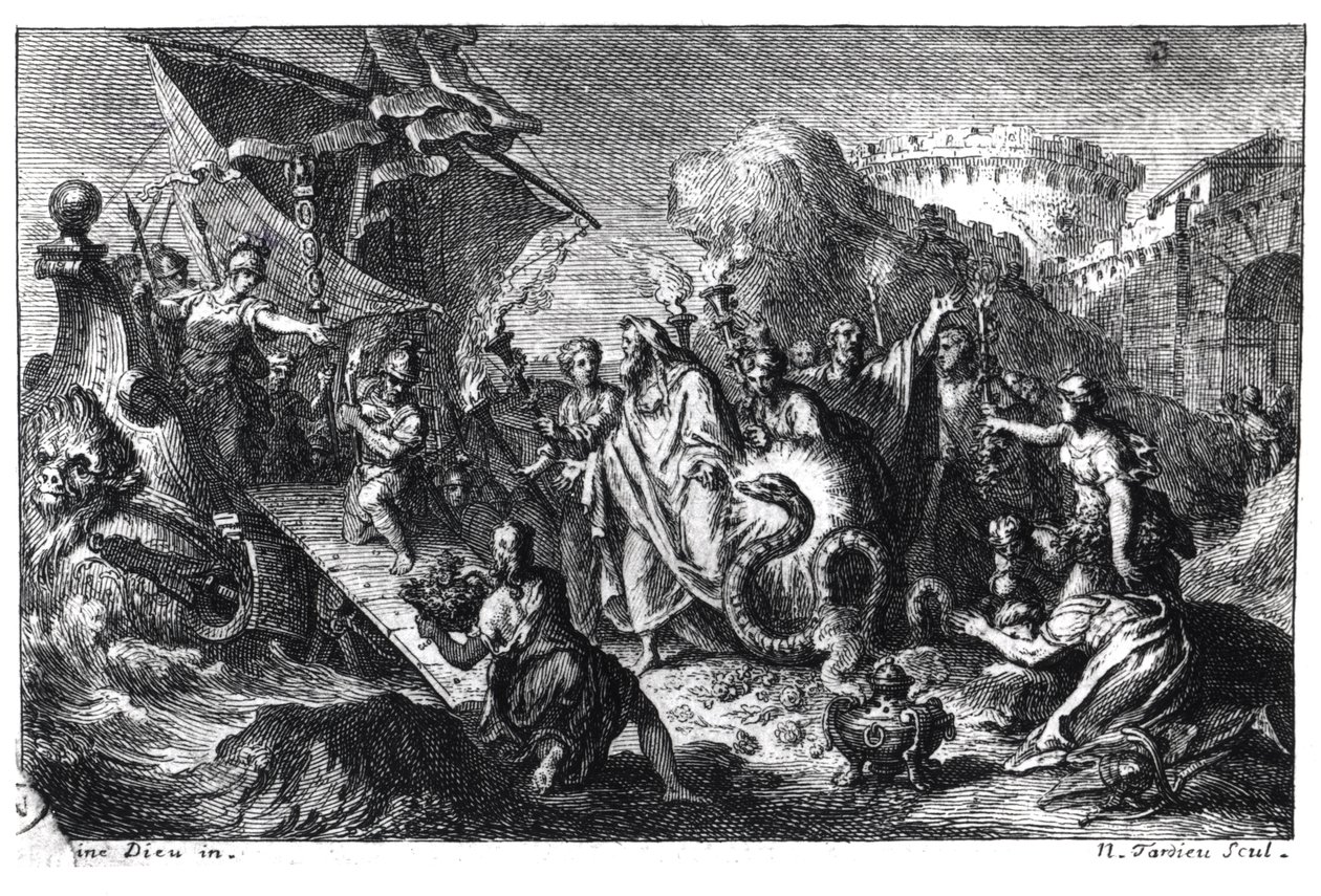 Reincarnation of Asclepios as a snake at the time of the arrival of his ...