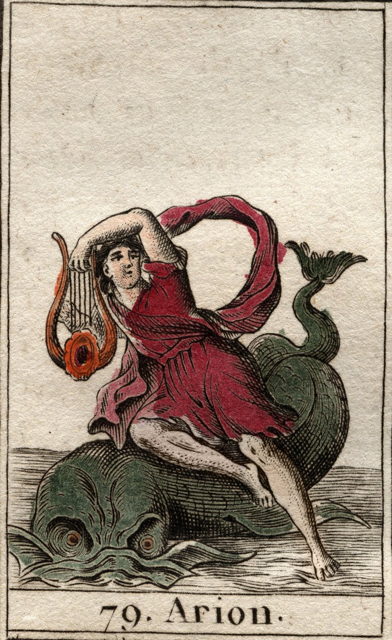 Representation of Arion, Greek poet charming the dolphins by playing ...