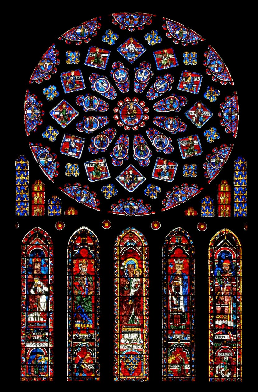Rose window depicting Kings and Prophets surrounding the Virgin Mary ...