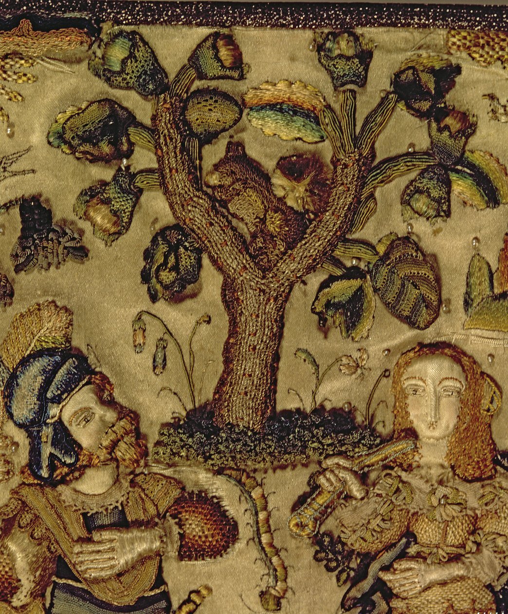 Stumpwork depicting a couple under a tree, detail from the lid of a casket