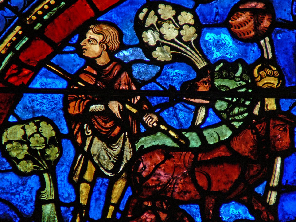 The Prodigal Son window: elder son watches father giving his inheritance