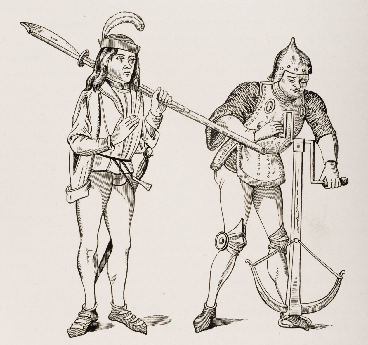 Varlet or Squire carrying a thick-bladed halberd and an archer drawing ...