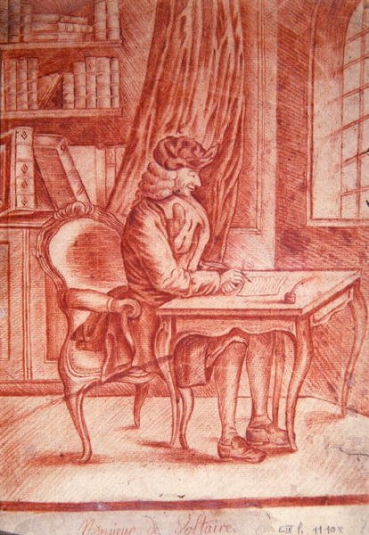 Voltaire writing in his study, c.1765-75 (red chalk on paper)