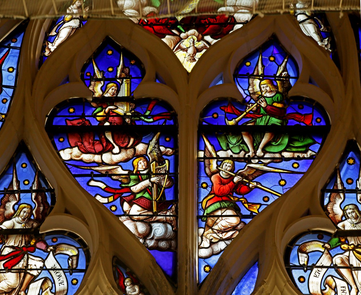 Window depicting Angel Musicians, Trumpet, Harp, Flute, Organ
