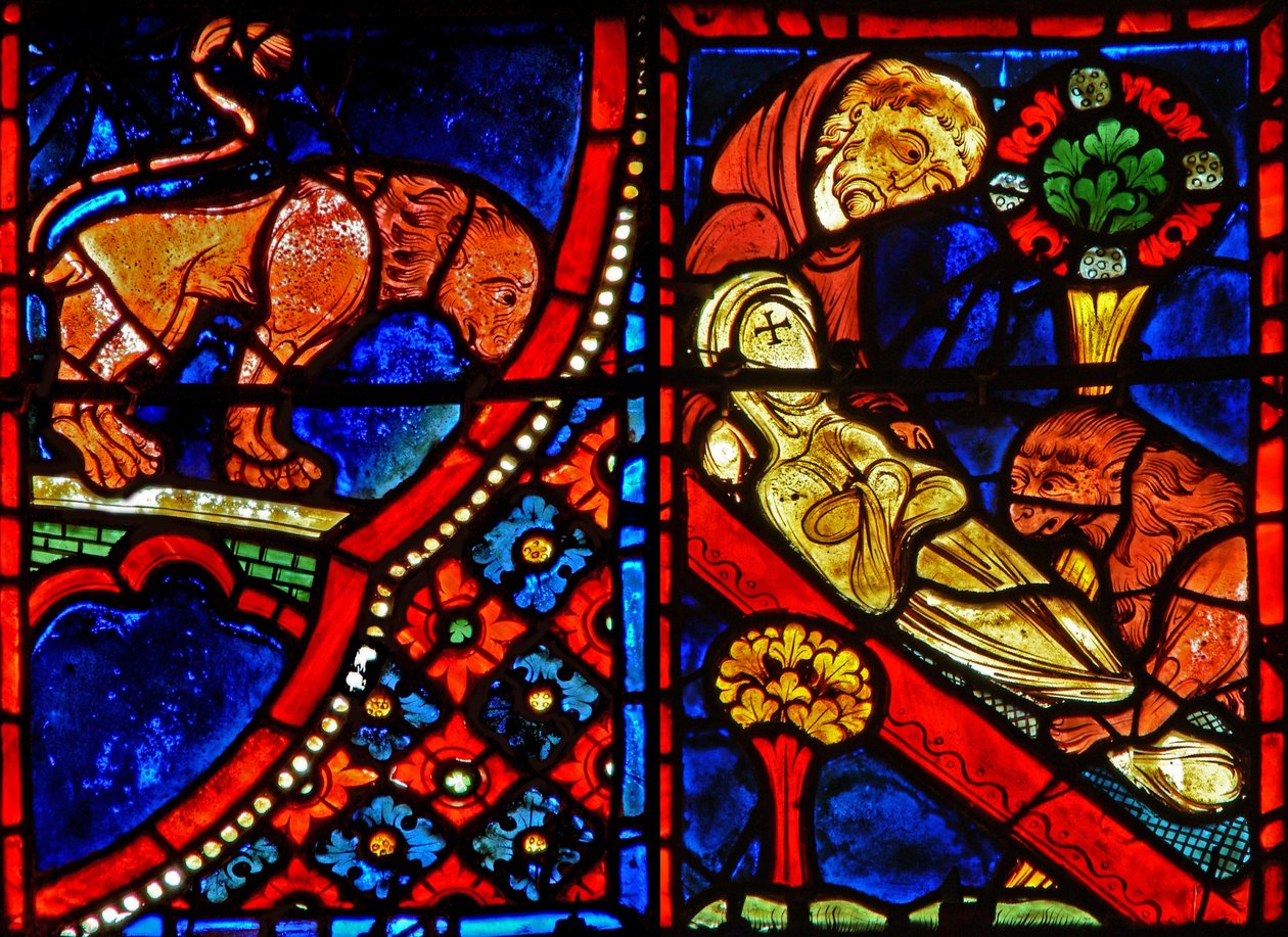 Window w21 depicting a lion helps Zosimus bury St Mary the Egyptian