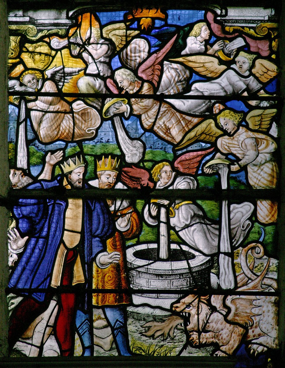 Window w5 depicting scenes from St John's Book of the Revelation: men ...