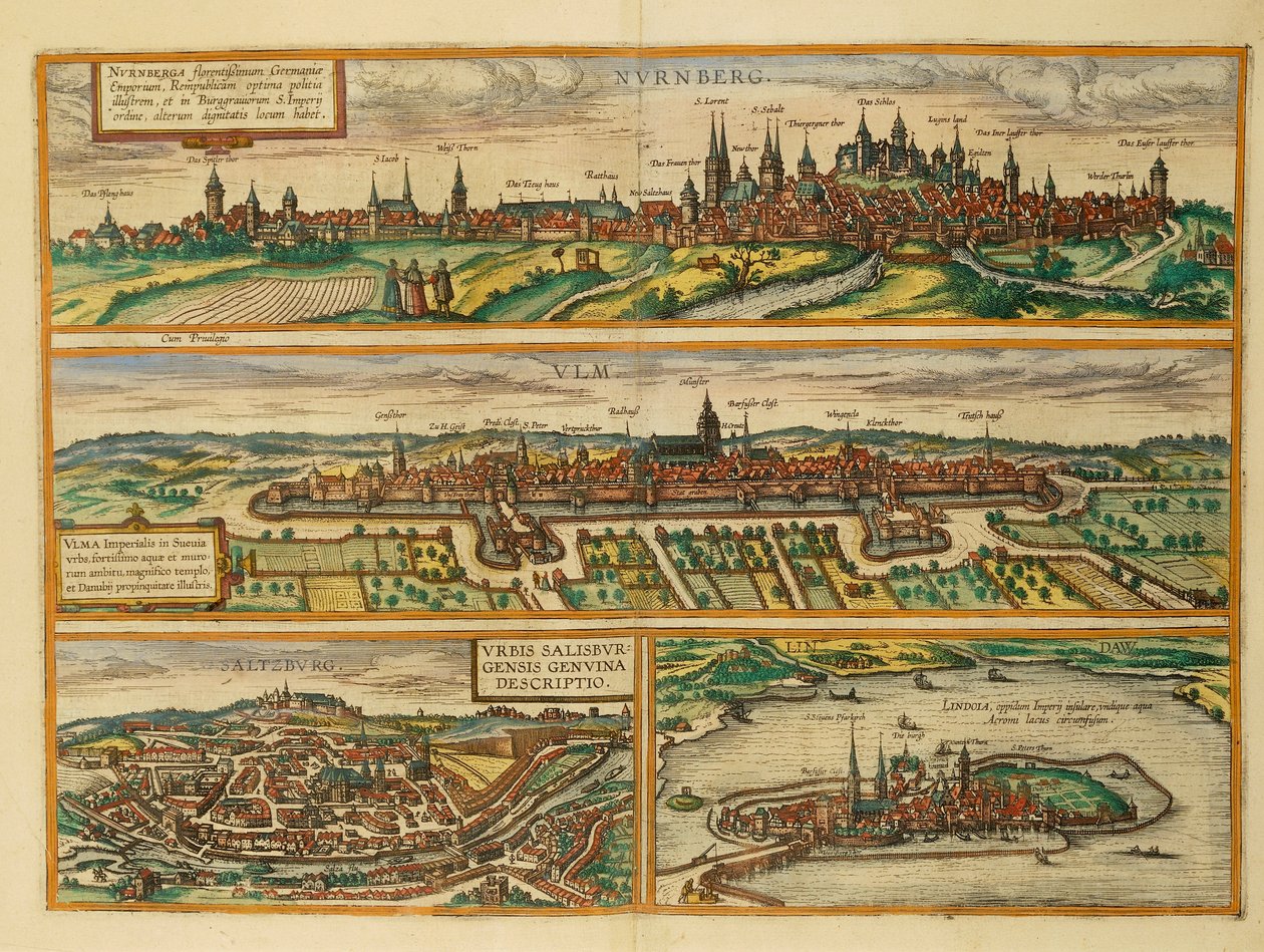 Map of Nuremberg, Ulm, Salzburg and Lindau from Civitates Orbis Terrarum