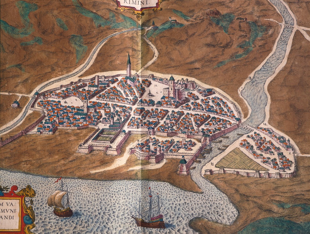 Map of Rimini, colored engraving from Civitates Orbis Terrarum