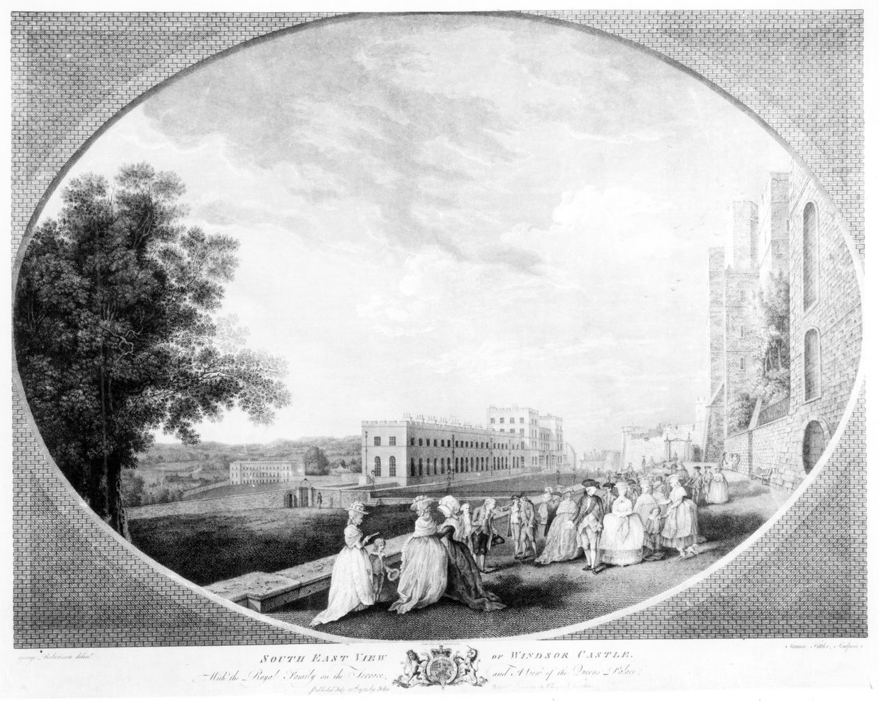 South East view of Windsor Castle, with the Royal Family on the terrace ...