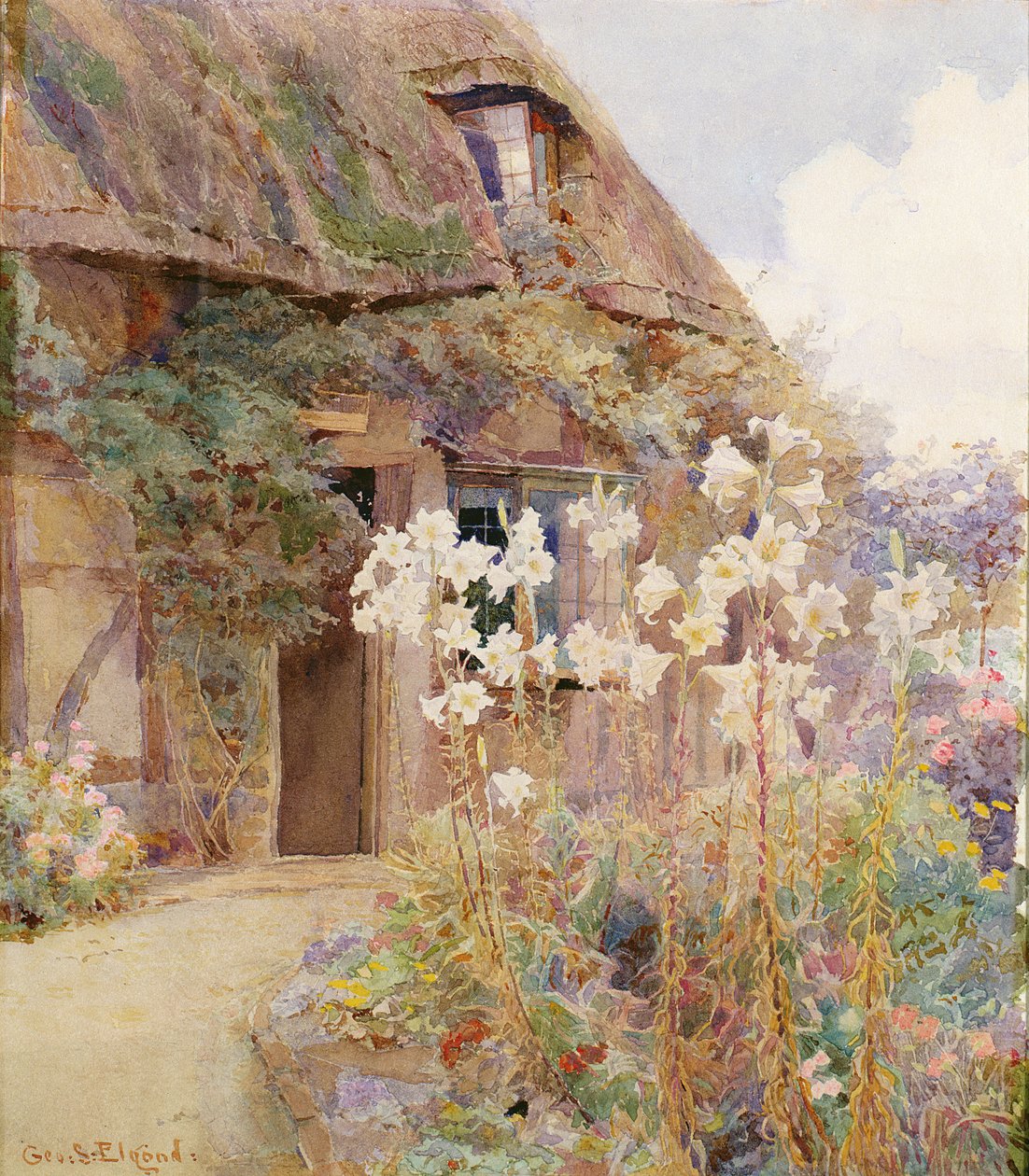 A Cottage Garden with Madonna Lilies by George Samuel Elgood