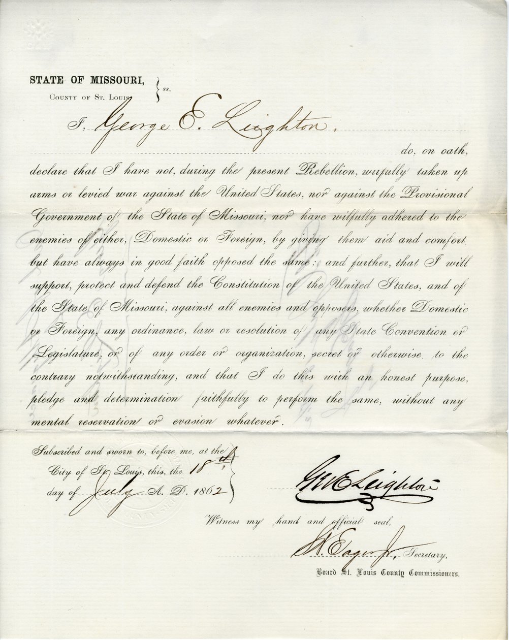 Loyalty oath of George E. Leighton of Missouri, County of St. Louis