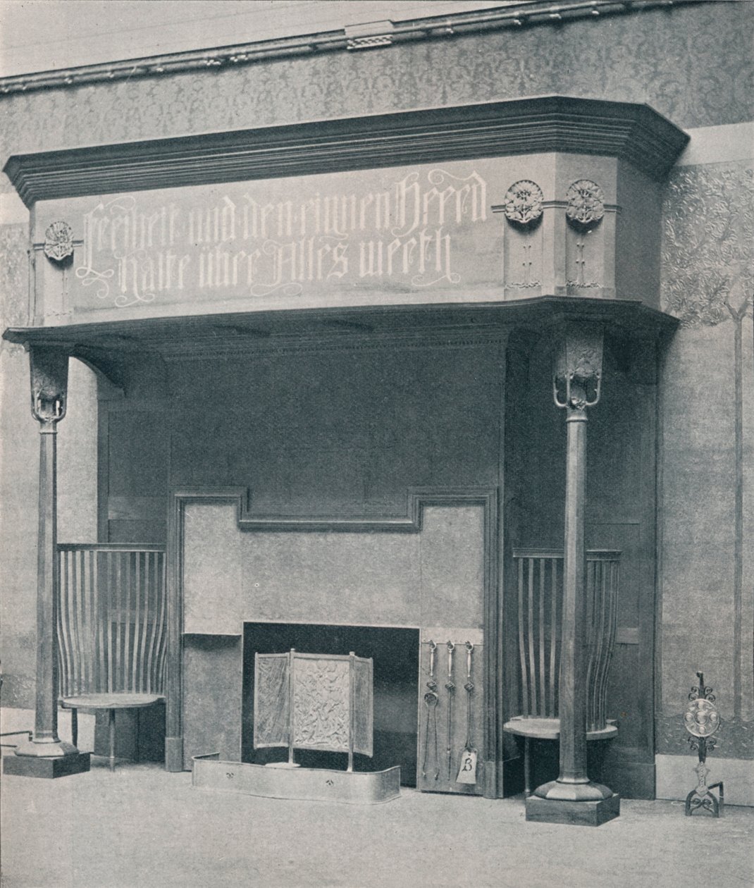 Fireplace designed by C. Harrison Townsend with carving designed and ...