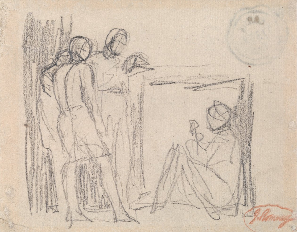 Three Standing Figures before a Seated Figure