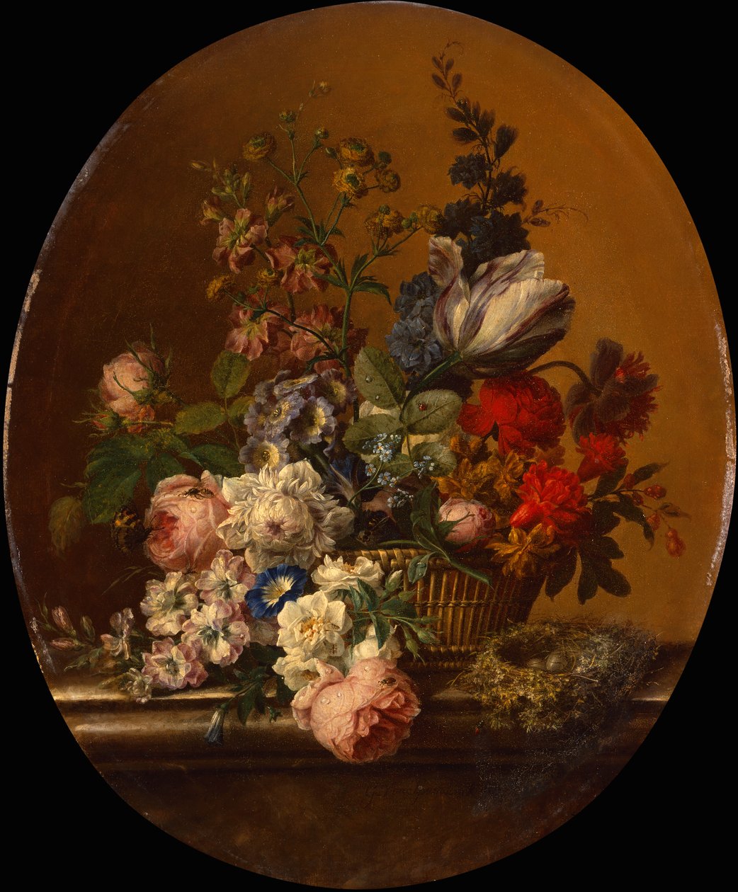 Still Life of Flowers in a Basket with a Dunnock's Nest on a Stone Ledge
