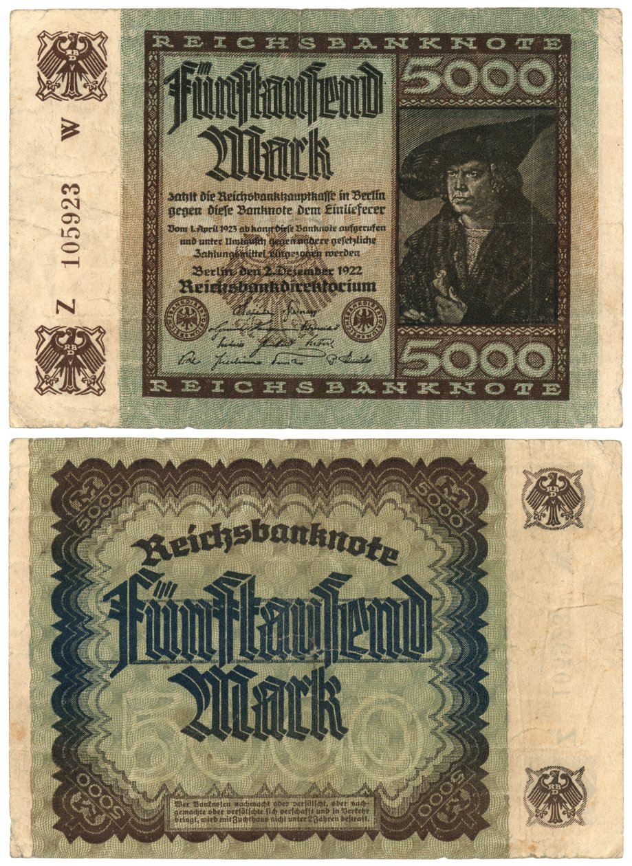 A Five Thousand Mark Banknote, 1922 (recto and verso)