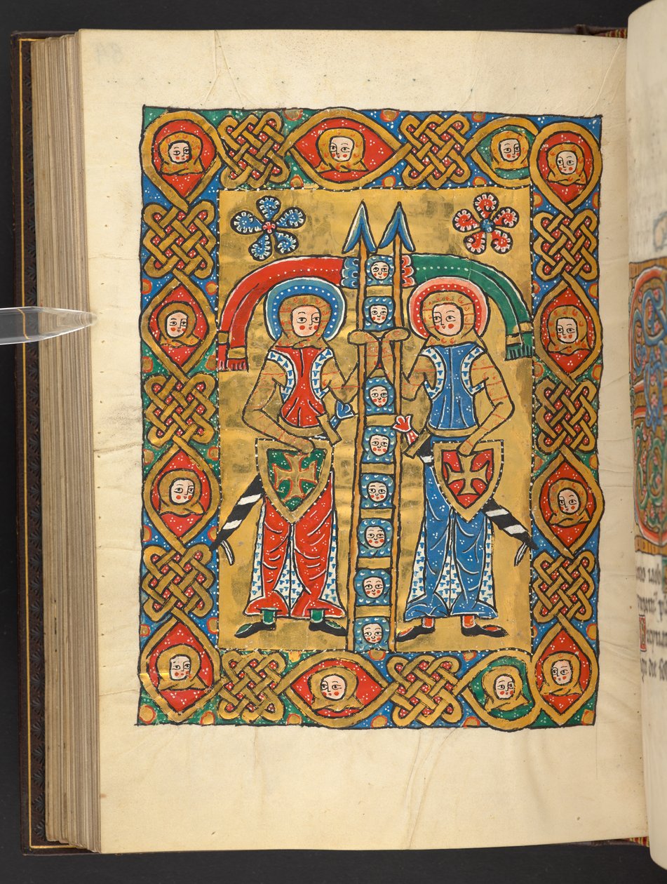 Two military saints, with the heads of others