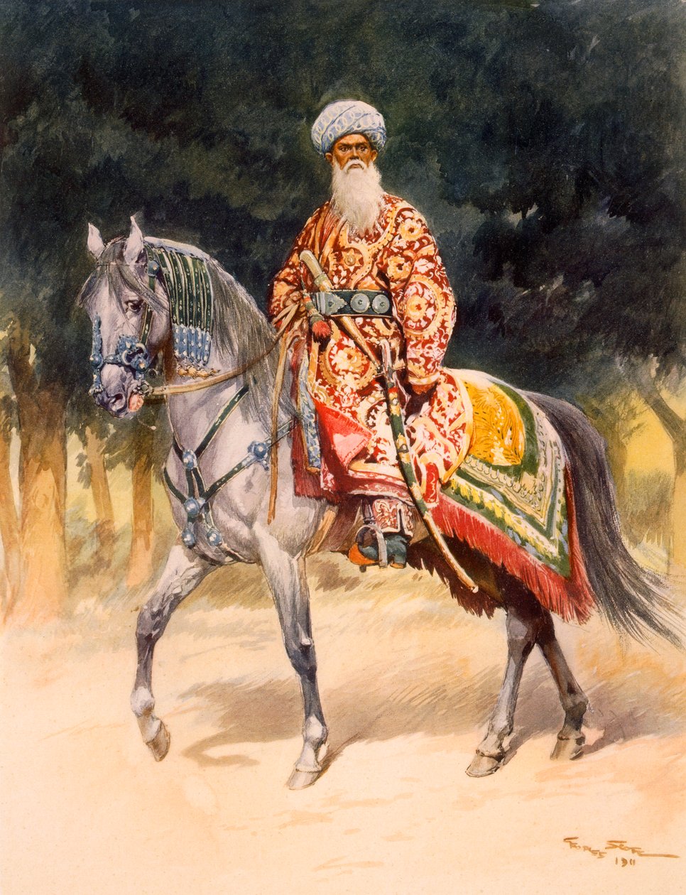 An Armed Warrior Mounted on a Turkoman Horse in Traditional Dress