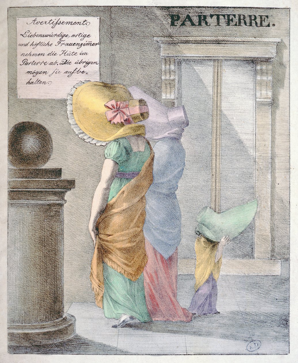 Cartoon ridiculing the fashion for ladies to wear enormous hats