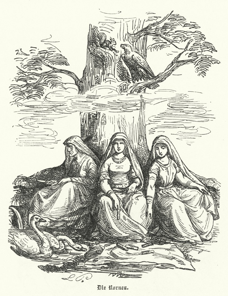 The Norns, female beings of Norse mythology (engraving)