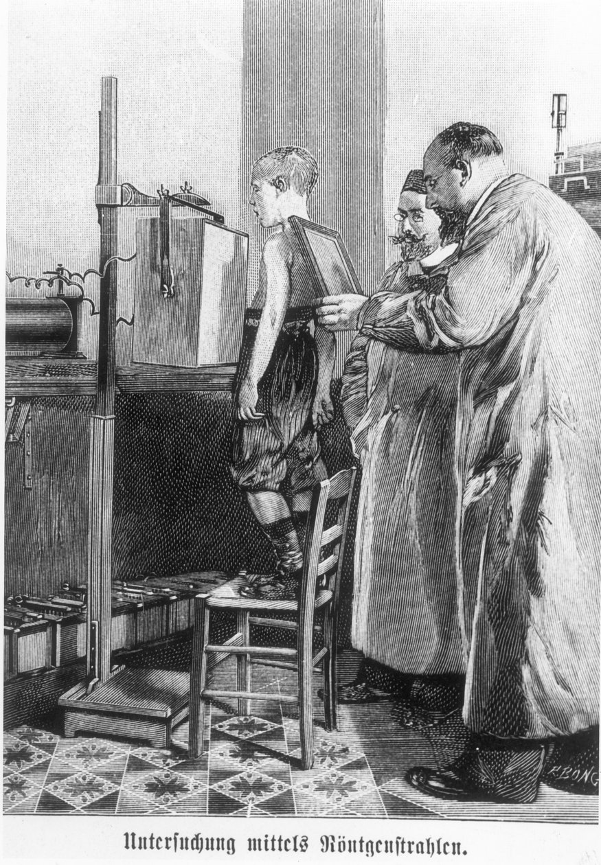 Wilhelm Konrad Roentgen x-raying a young boy, from a book by Hans ...