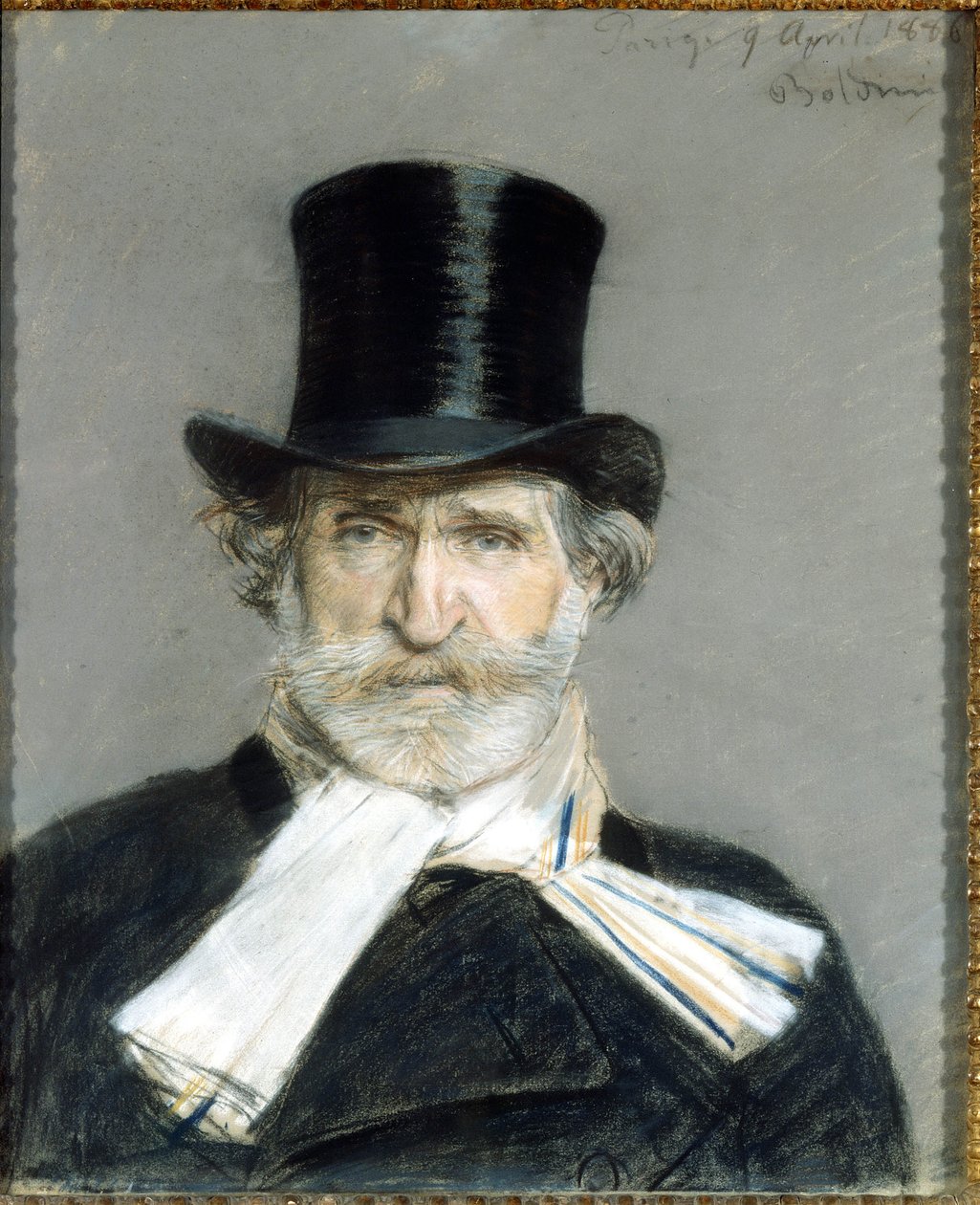 Portrait of Giuseppe Verdi in 1886. Drawing by Giuseppe Boldini. Rome ...
