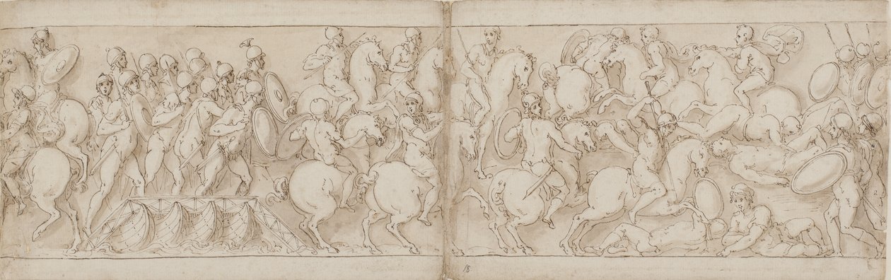 Marcus Aurelius sets out over a wharf with infantry and cavalry; the ...