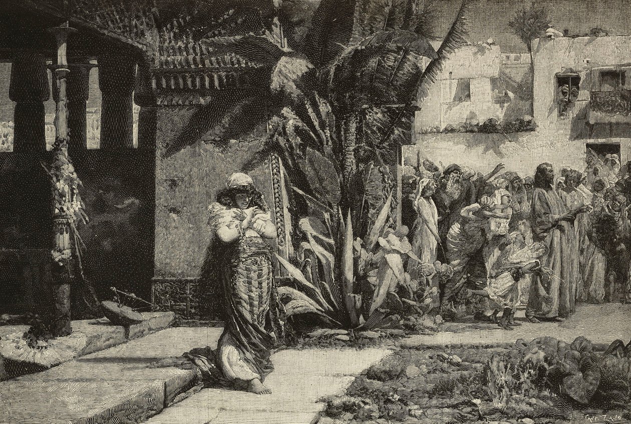 Magdalene, woman with turban and procession in Middle Eastern village ...