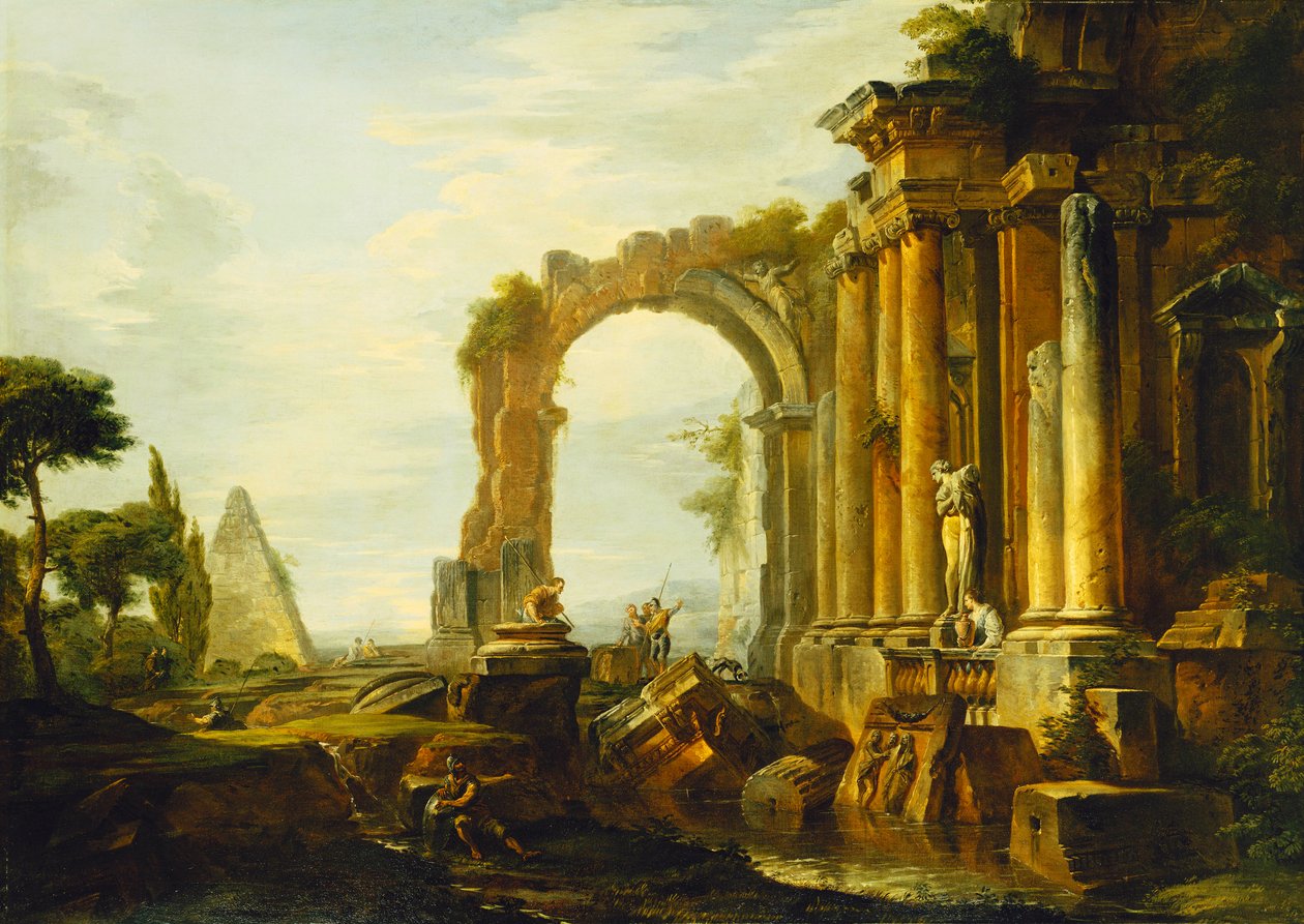 A Capriccio of Classical Ruins with the Pyramid of Cestius and Figures in a Landscape