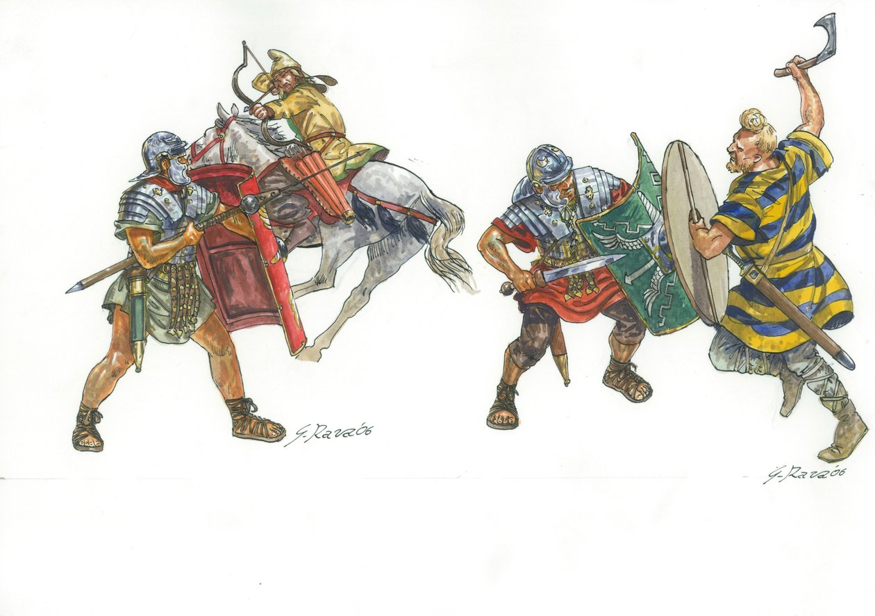 Roman Legionaries Fighting a Parthian Mounted Archer and a Frankish Warrior