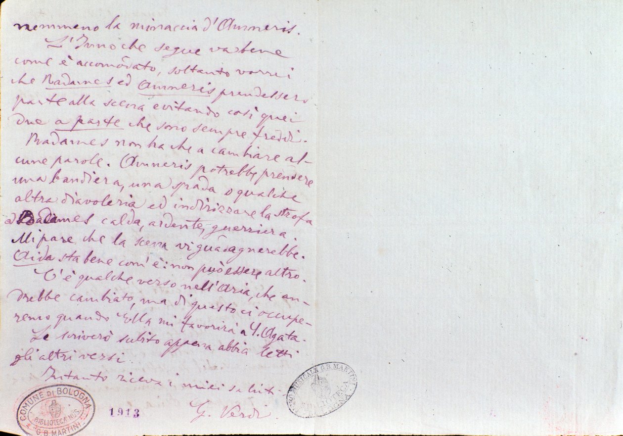 Handwritten letter of Giuseppe Verdi to Aida librettos author Antonio ...
