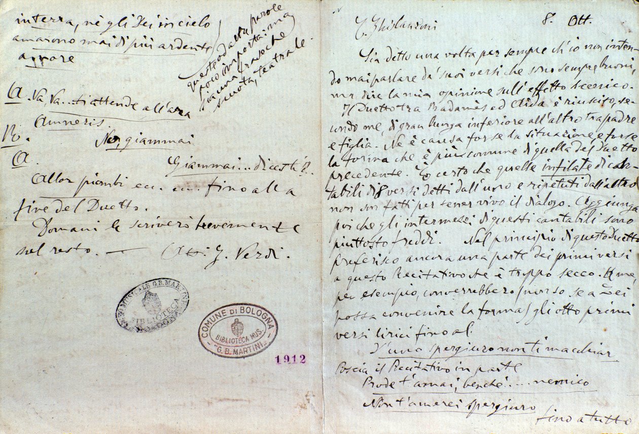 Handwritten Letter of Giuseppe Verdi to Aida Librettos Author Antonio ...