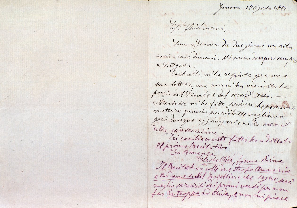 Handwritten Letter of Giuseppe Verdi to Aida Librettos Author Antonio ...