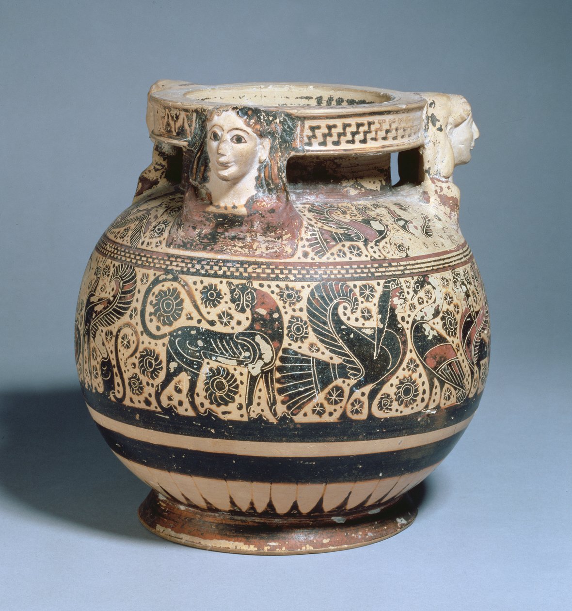 Pyxis used as an ash-urn and decorated with rows of griffins, swans and ...