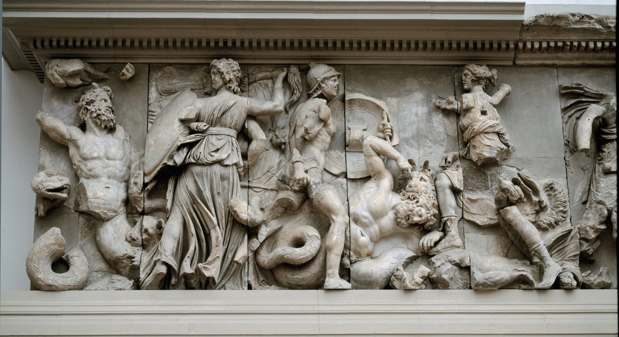 Greek art: representation of Hecate and Artemis. Frieze of the altar of ...
