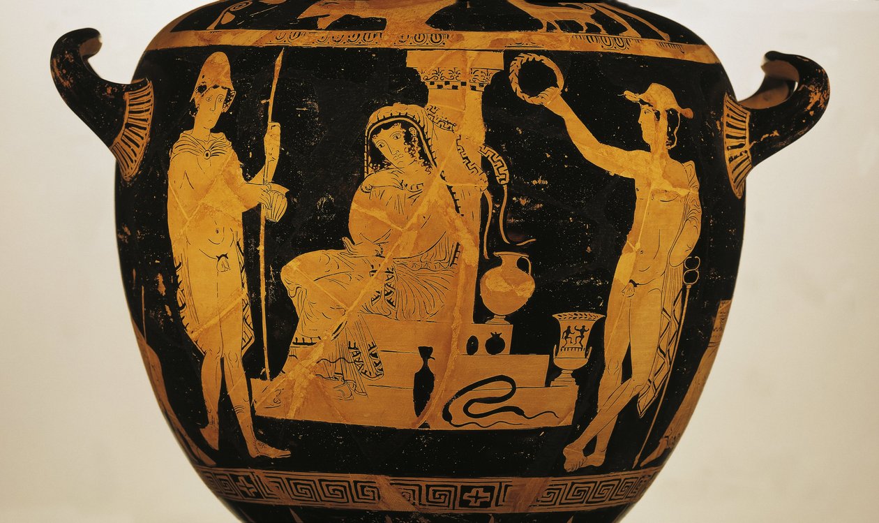 Red-figure krater depicting Orestes, Elektra, and Pylades at the tomb ...