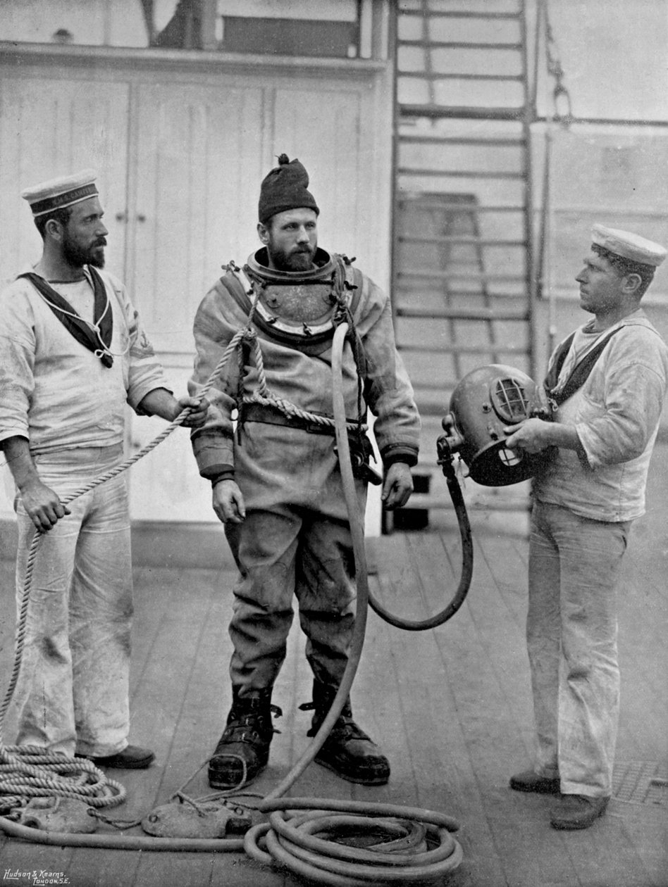A diver from the battleship HMS Camperdown in his divers dress, 1896