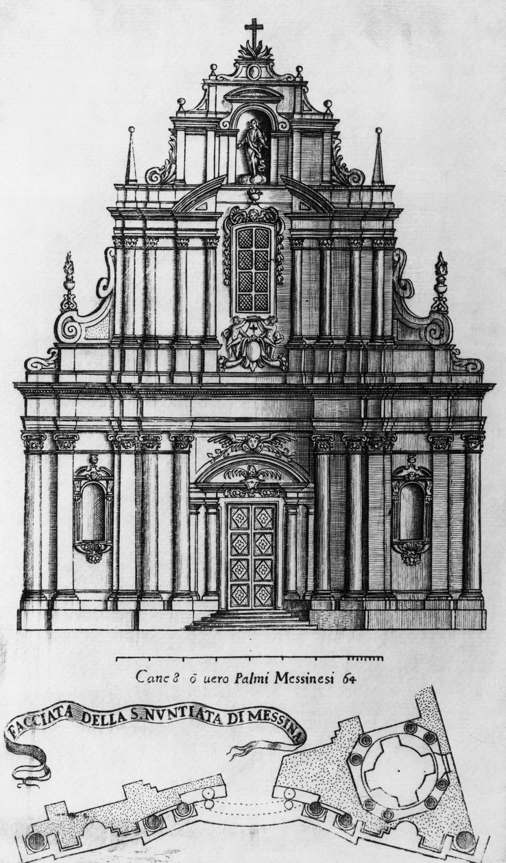 Facade and Layout of Annunciation Church in Messina, Engraving by ...