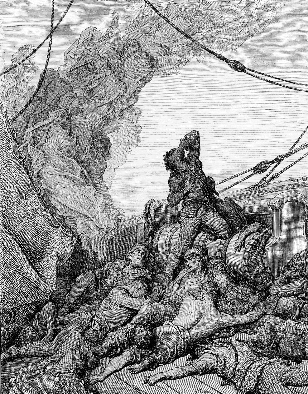 The Mariner, surrounded by the dead sailors, suffers anguish of spirit ...
