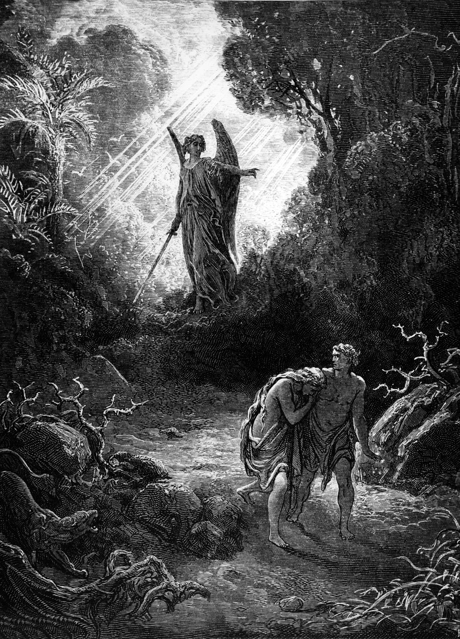 Adam and Eve are hunting from Paradise (engraving by Gustave Dore)