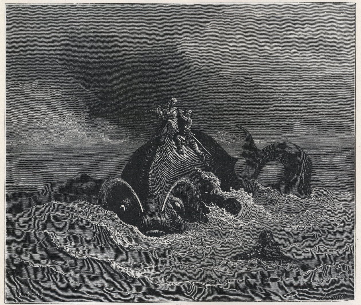Alcina and Renaud carrying Astolfo on the back of a whale (Orlando ...