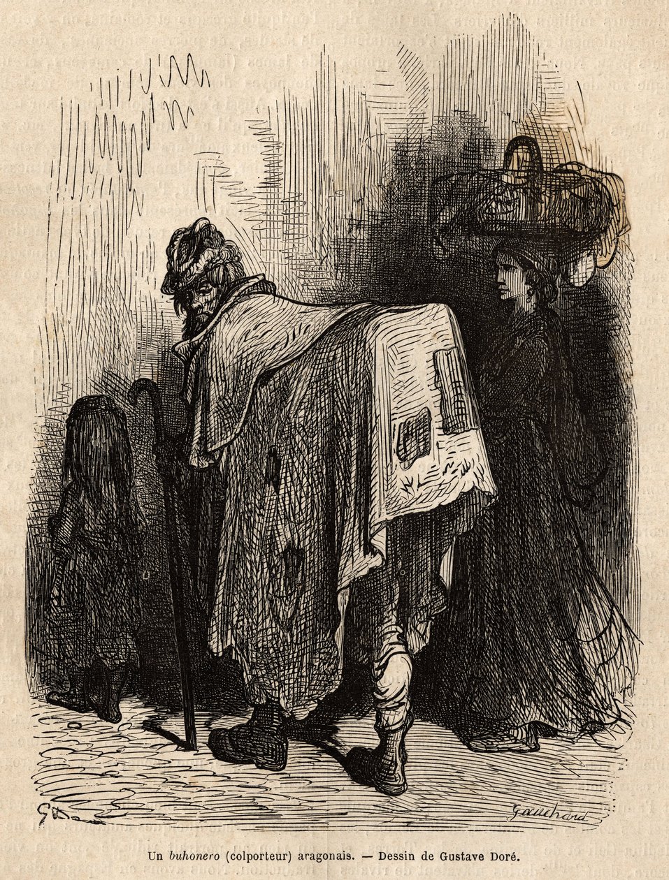 Buhonero, Aragonese peddler. Drawing by Gustave Dore. Engraving to ...