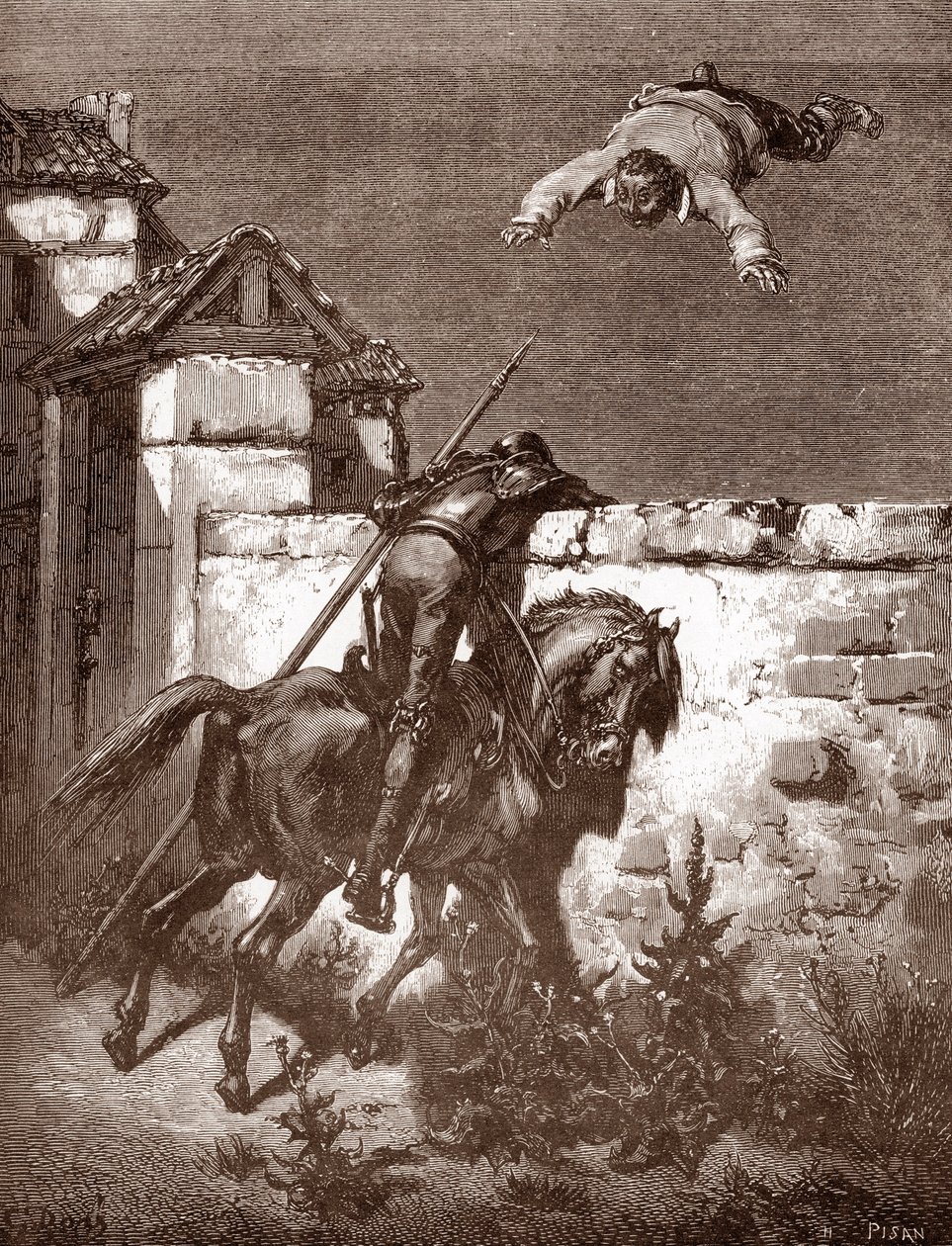 Don Quixote Fails to Stop the Launchers of Sancho Panza, Engraving by ...