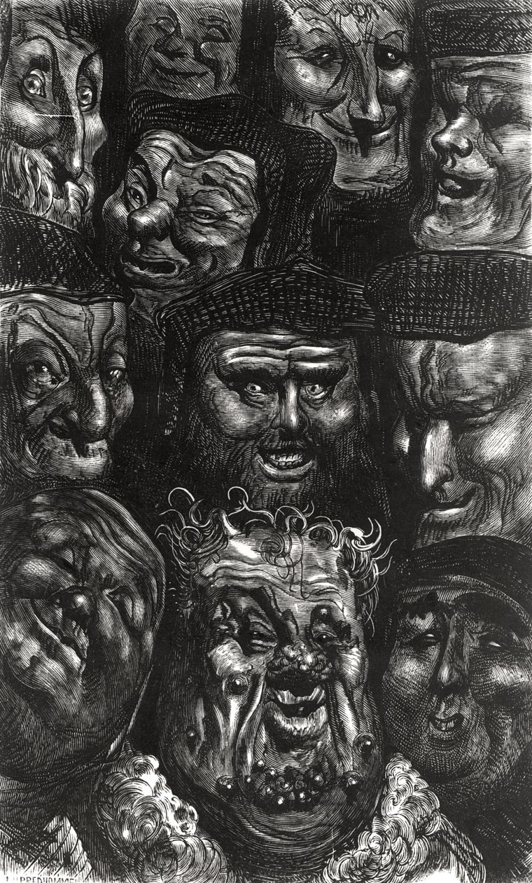 Eleven grotesque faces from 'Les Contes Drolatiques' by Honore de Balzac