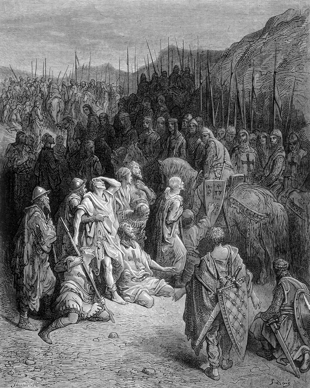 Godefroi meeting the debris of Peter's Army - engraving by Gustave Doré