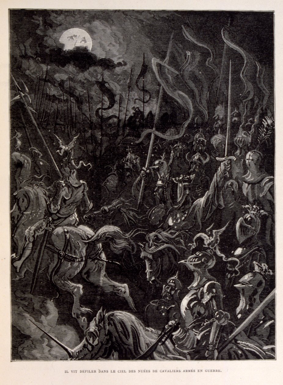 Illustration of Knights at Battle During a Moonlit Evening