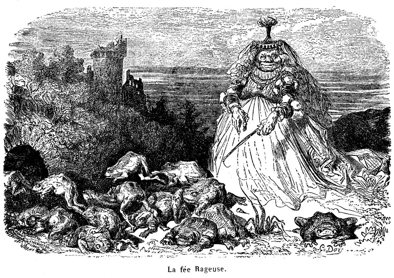La fee Rageuse and his herd of toads (engraving by Gustave Dore to ...